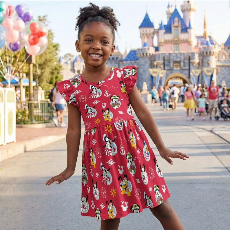 Vibrant Red Nautical Mickey and Friends Cruise Ruffle Dress, DCL Pirate ...
