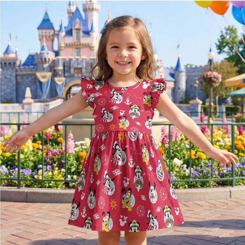 Vibrant Red Nautical Mickey and Friends Cruise Ruffle Dress, DCL Pirate ...