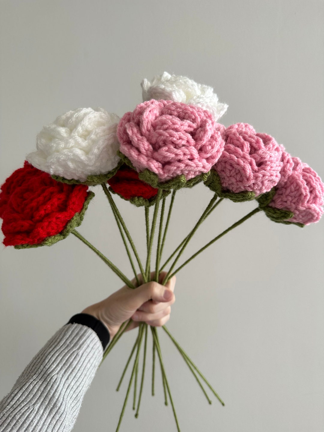 Crochet Long Stem Rose Flowers.handmade Crochet Flowers. Great for Home ...