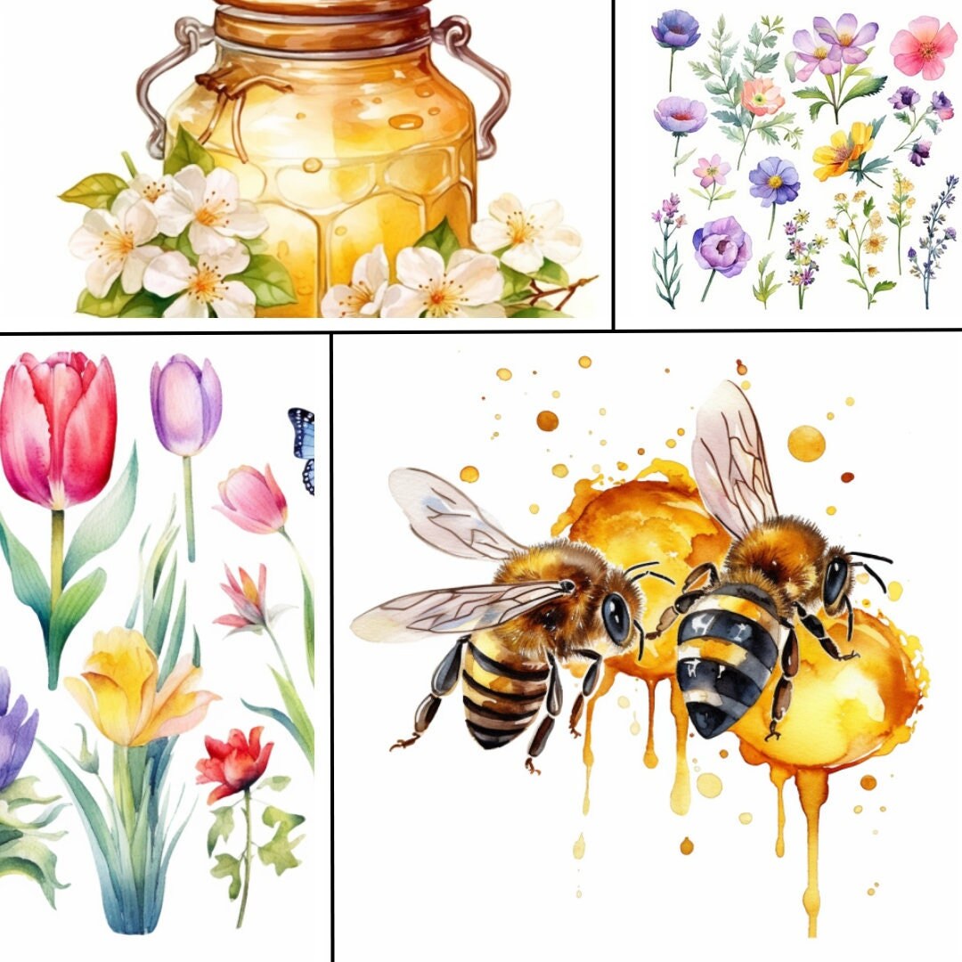 Spring Floral Honey Bee Spring Clipart Bees and Flowers Watercolor ...