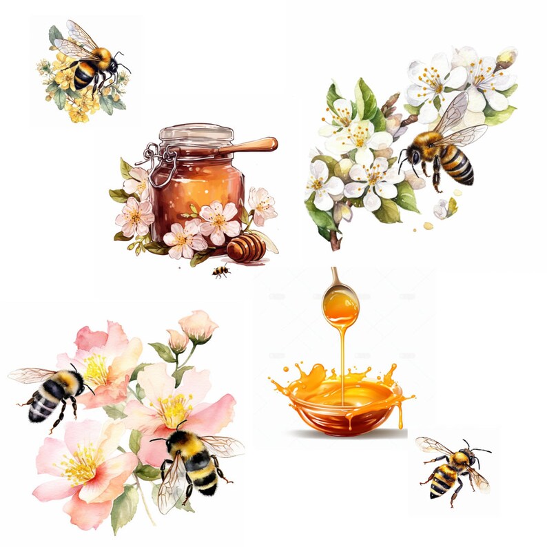 Spring Floral Honey Bee Spring Clipart Bees and Flowers Watercolor ...