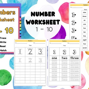 Numbers Worksheet Set 1-10 Printable Kindergarten Primary School ...