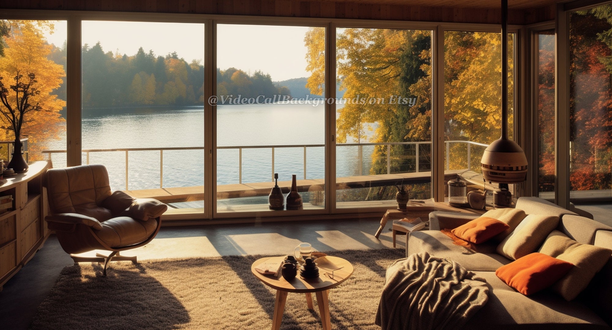 Virtual Video Call Background Living Room With Lake View Image for Zoom ...