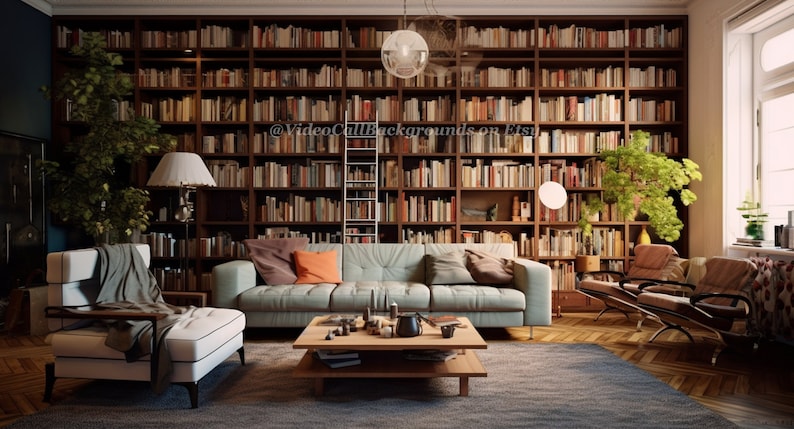 Virtual Video Call Background | Living Room With Large Bookshelf ...