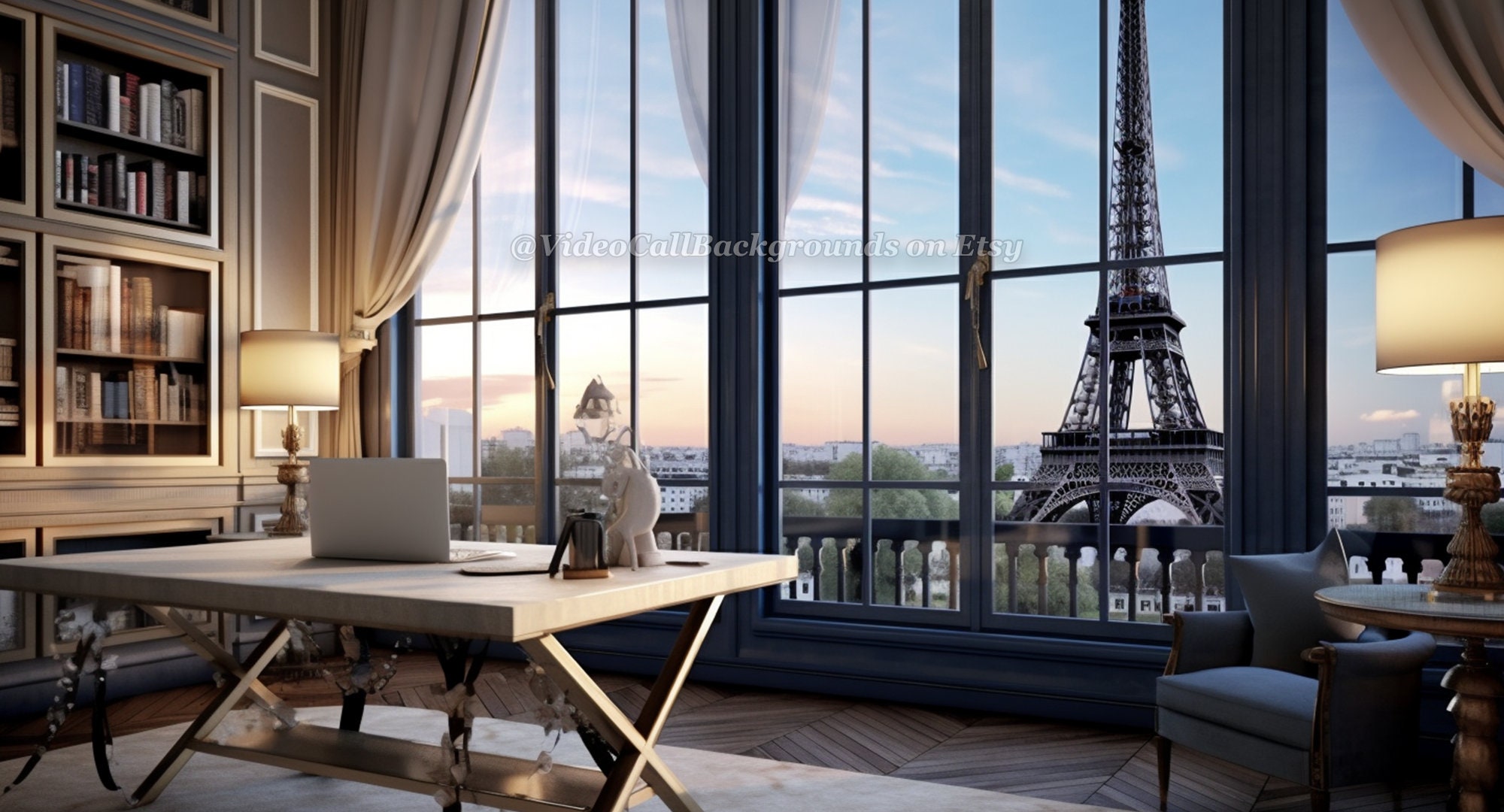 Virtual Video Call Background Modern Office With Eiffel Tower View ...