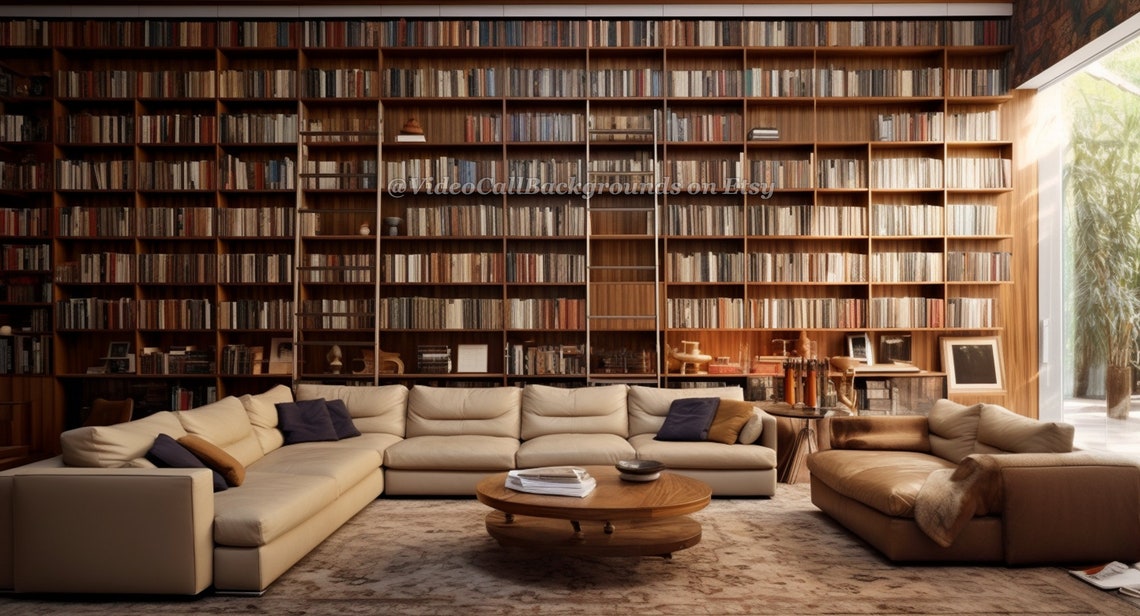 Virtual Video Call Background | Living Room With Large Bookshelf ...