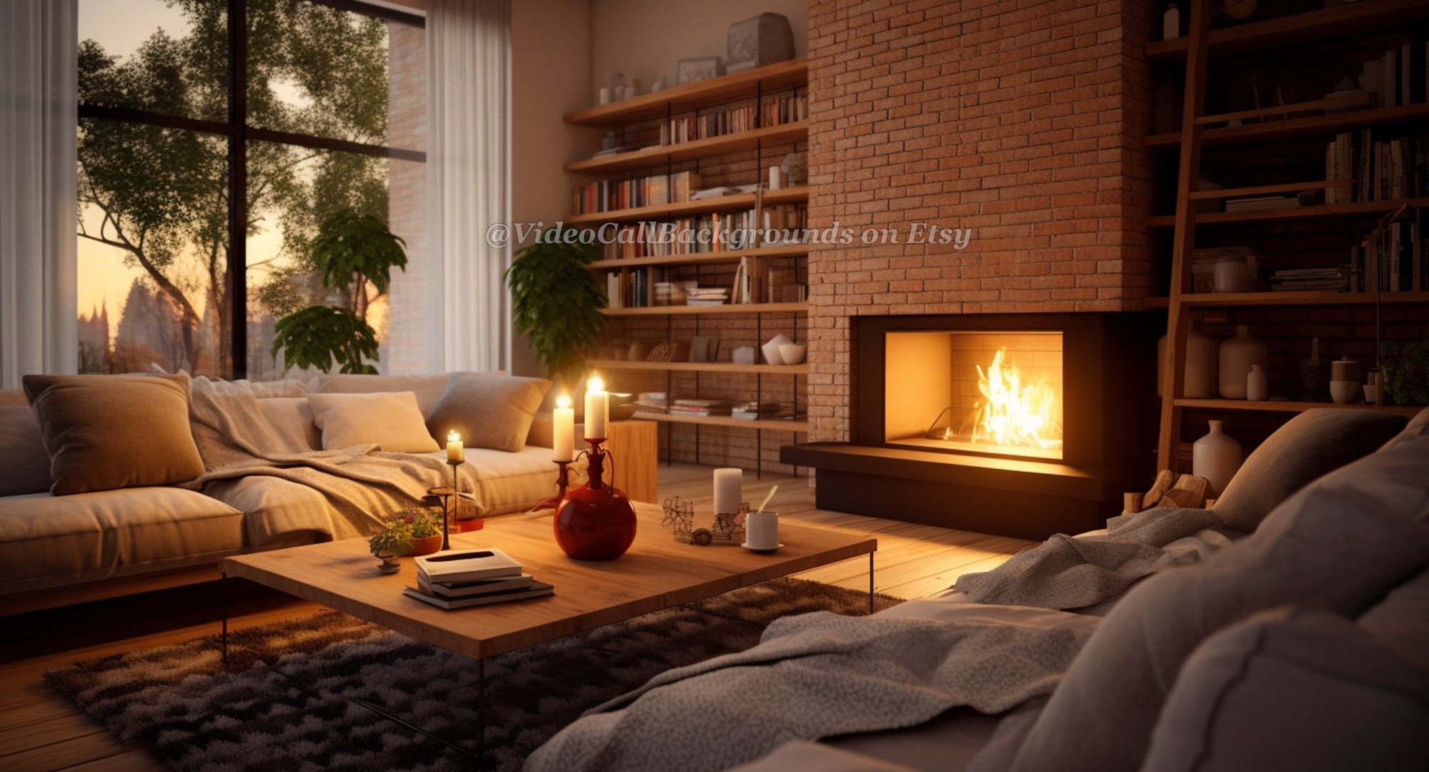 Virtual Video Call Background | Living Room With Fireplace | Image for ...