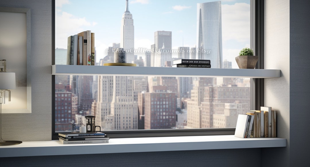 Virtual Video Call Background | Modern Shelf With City View | Image for ...