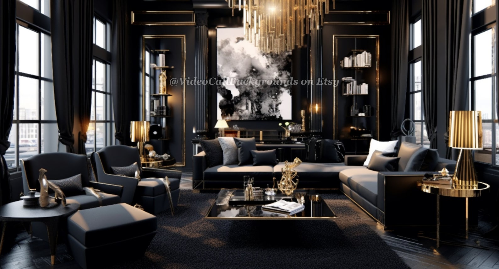 Virtual Video Call Background | Luxury Black Living Room | Image for ...