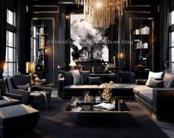 Virtual Video Call Background Modern Black Living Room Image for Zoom ...