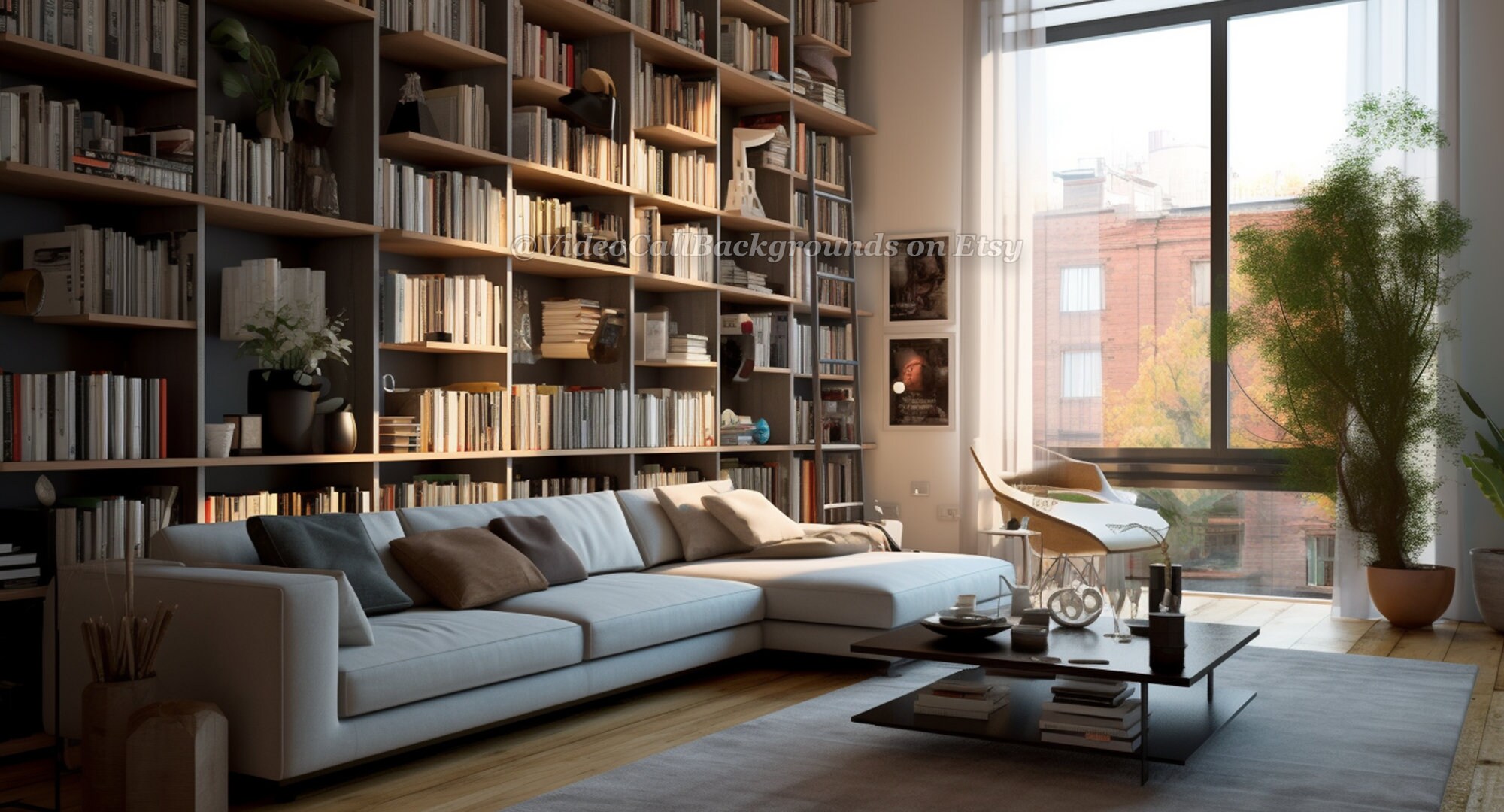 Virtual Video Call Background | Living Room With Large Bookshelf ...