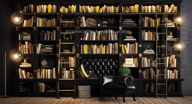 Virtual Video Call Background Professional Black Bookshelf Image for ...