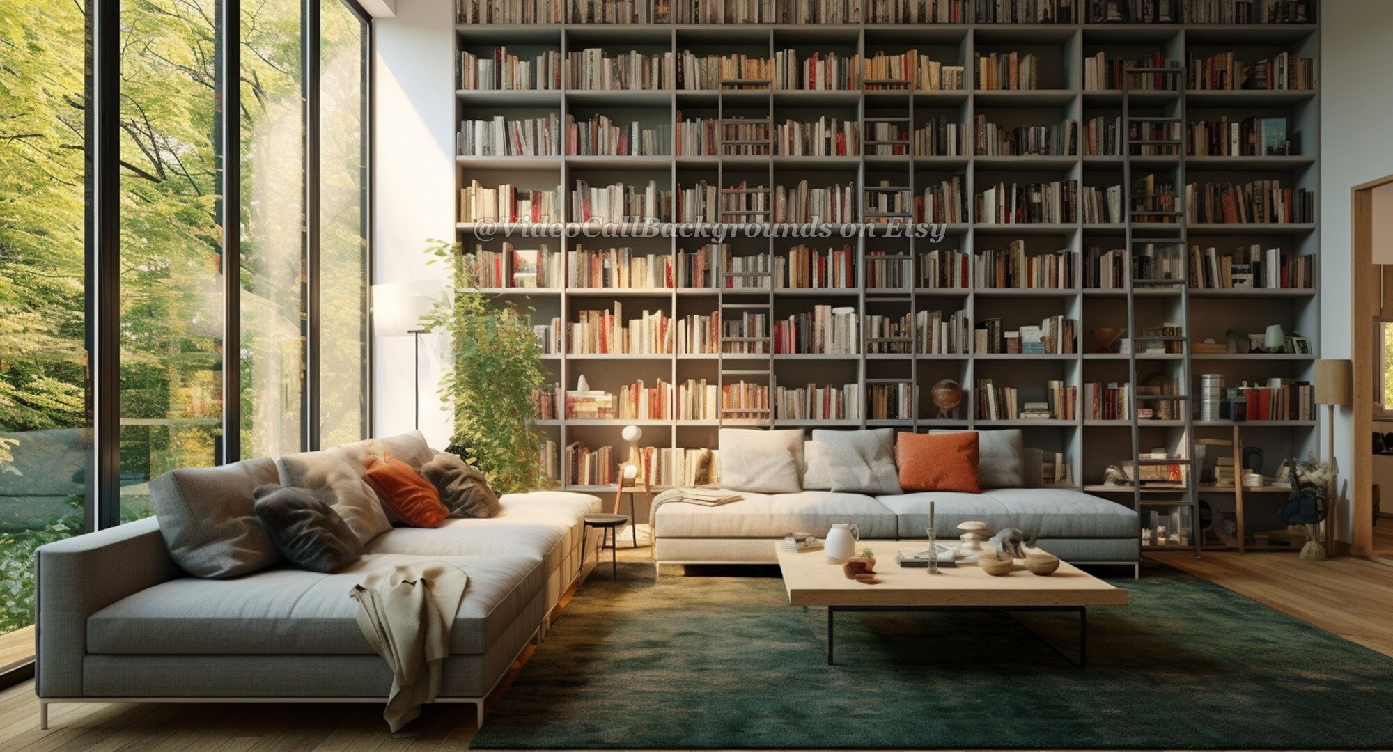 Virtual Video Call Background | Living Room With Large Bookshelf ...