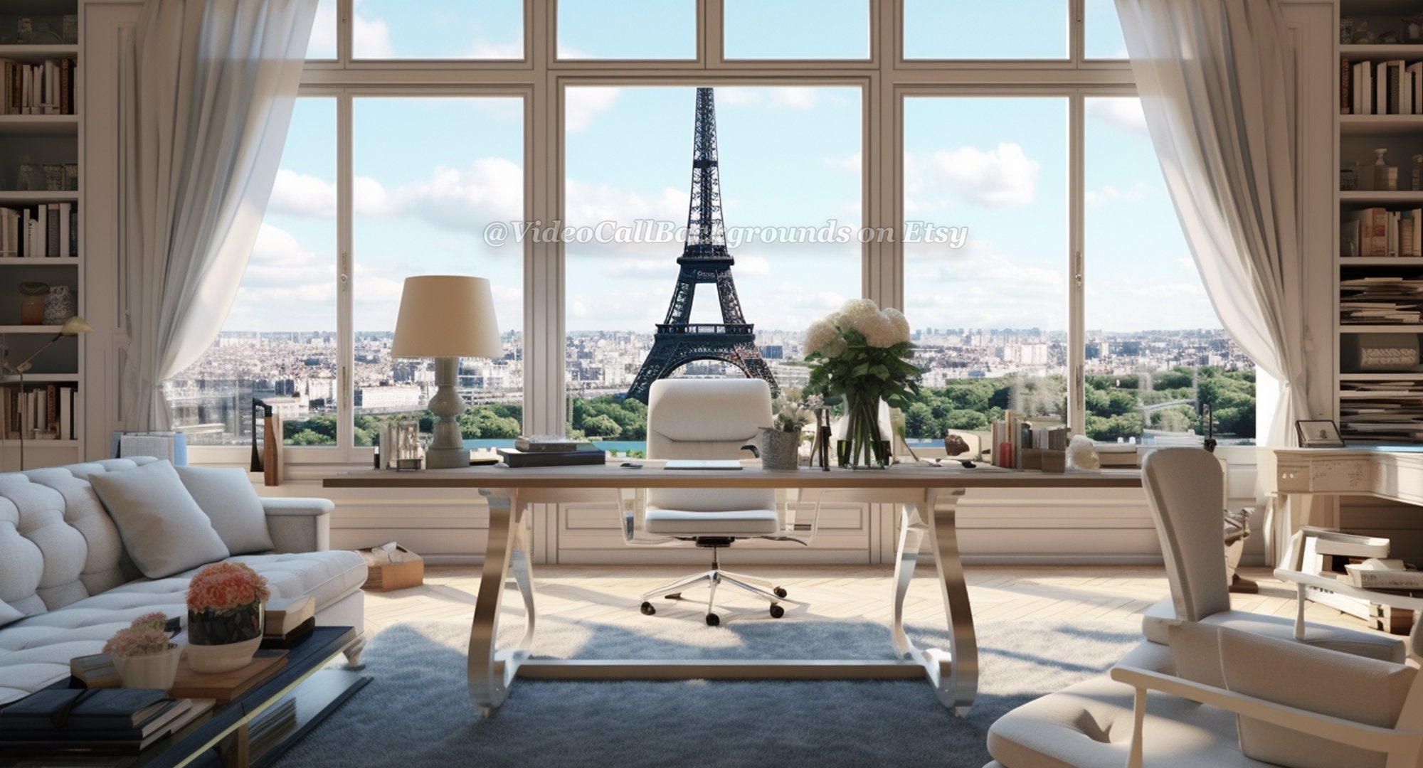 Virtual Video Call Background | Modern Office With Eiffel Tower View ...