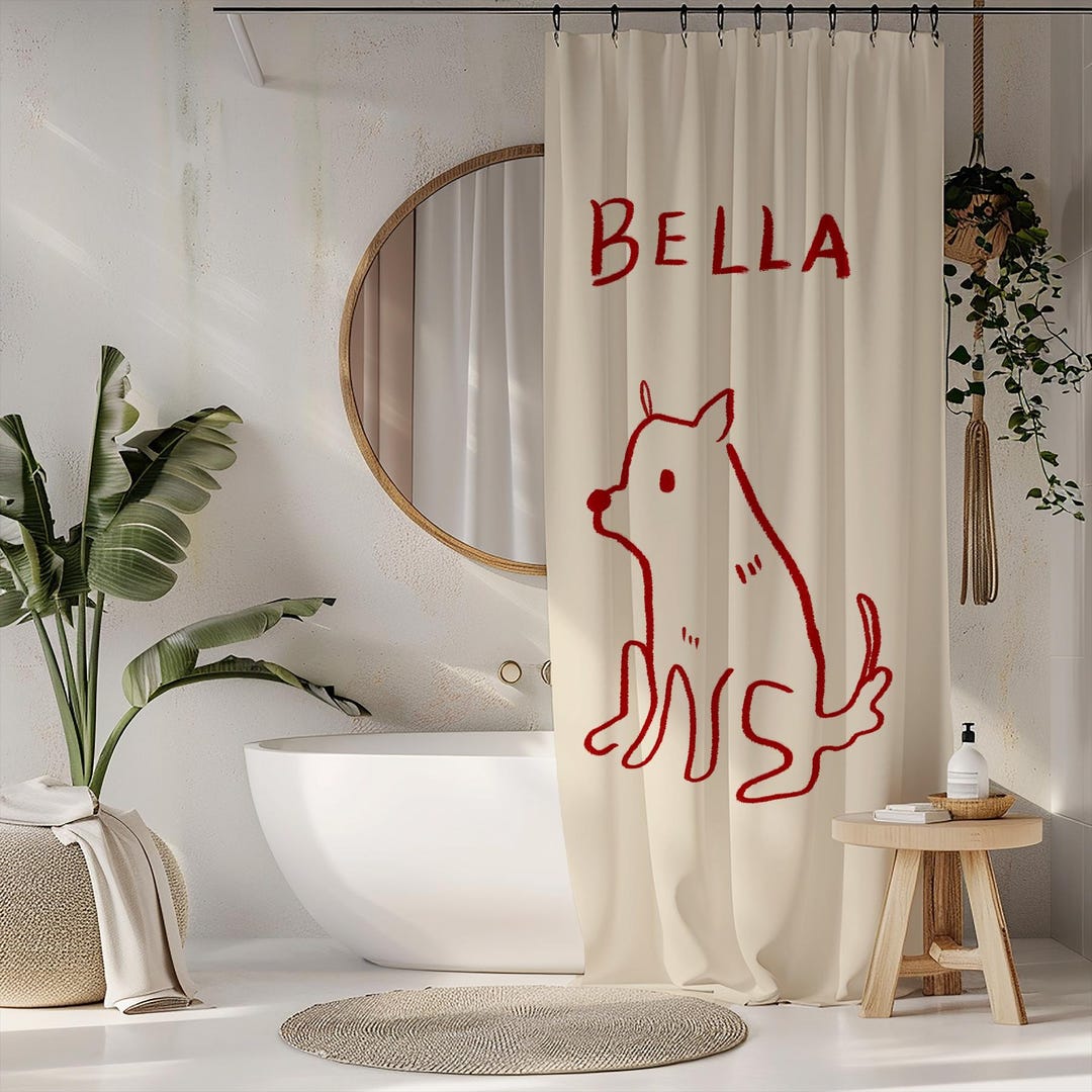 Custom Dog Shower Curtain With Name, Personalized Pet Sketch Bathroom ...
