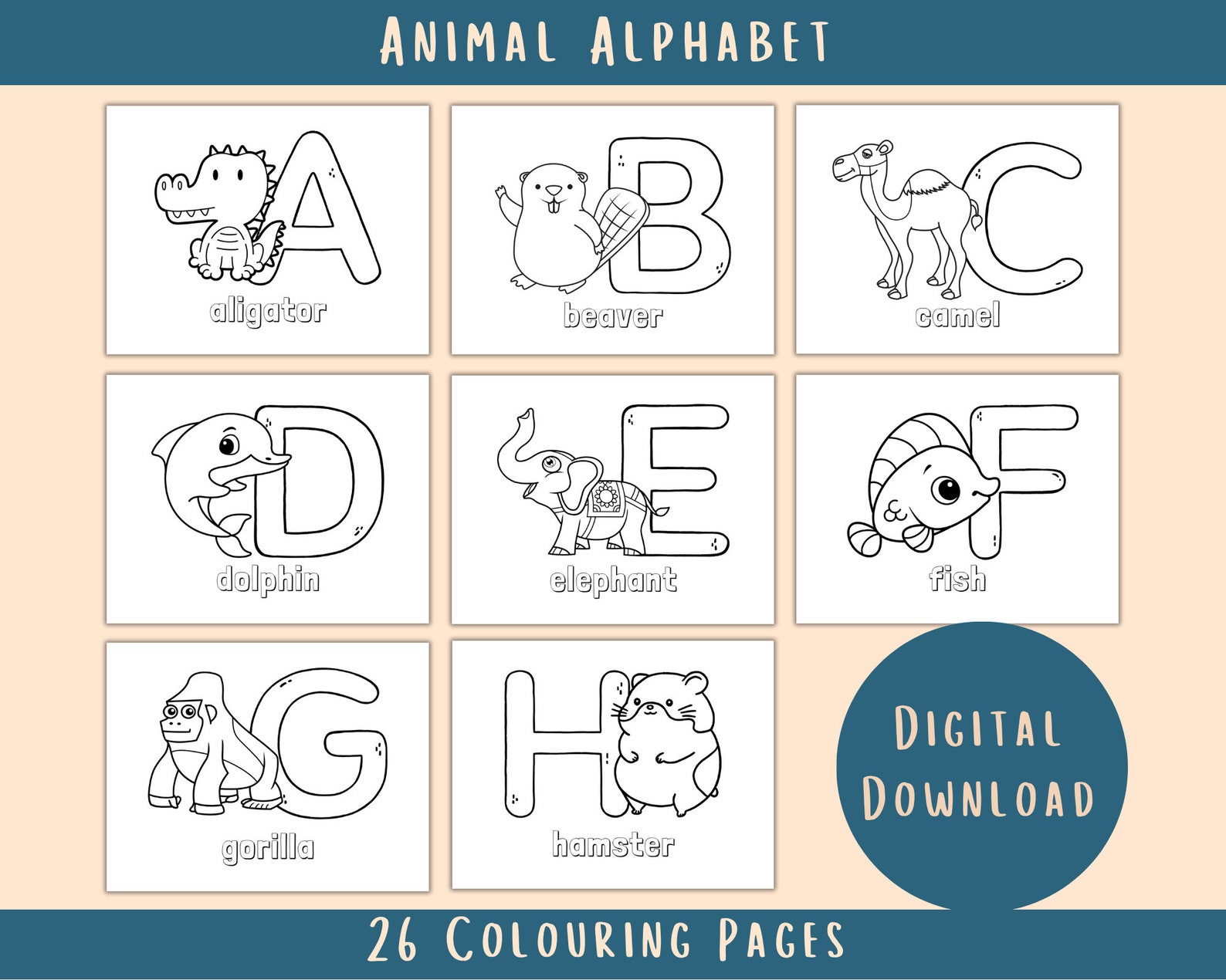 26 Animal Alphabet Coloring Pages for Kids, Alphabet Coloring Page ...