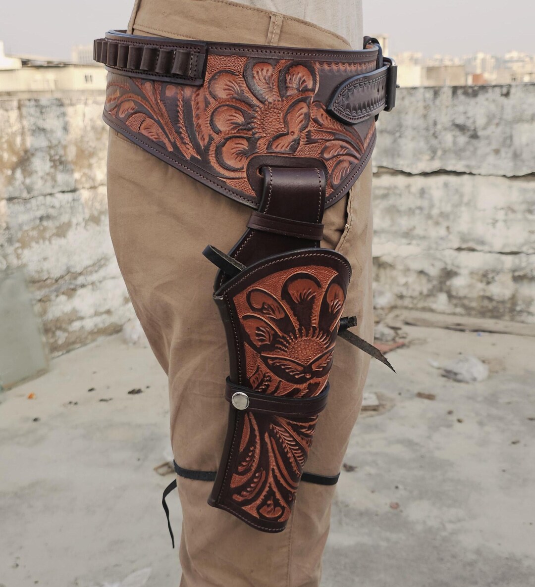 Western Gun Holster With Belt Leather – Handmade Cowboy Fast Draw Rig ...