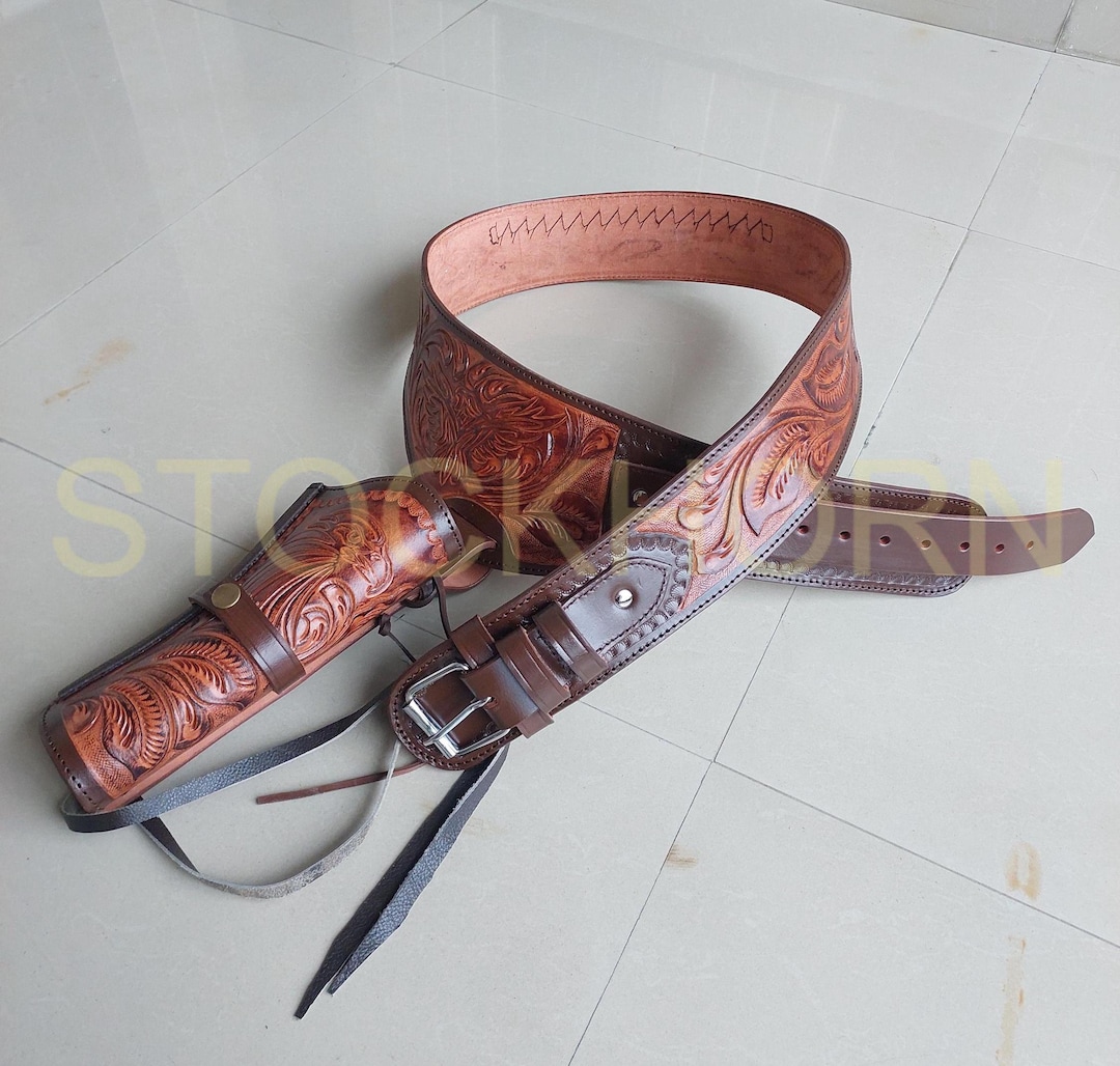 Revolver Holster Belt Western Cowboy Leather Handmade Fit 4 Inch to 6.5 ...