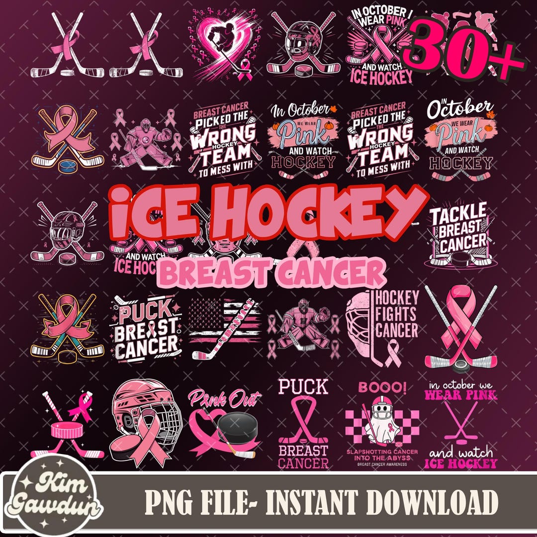 30 Ice Hockey Pink Ribbon PNG Bundle | Hockey Fights Cancer PNG ...