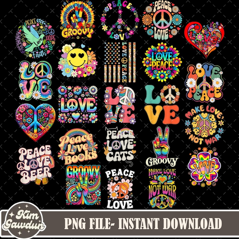 Groovy Hippie Peace Love PNG Bundle, Retro Tie Dye Flower Power ...