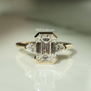 2.5 CT Emerald Cut Half Bezel Set Three Stone Engagement Ring 14K ...