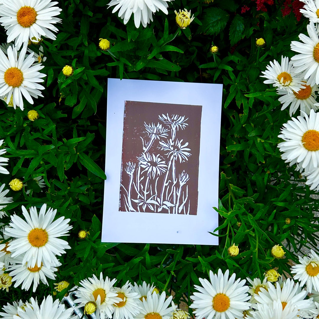 Field of Daisies Lino Print on Bristol Board A4 Handmade Floral Art ...