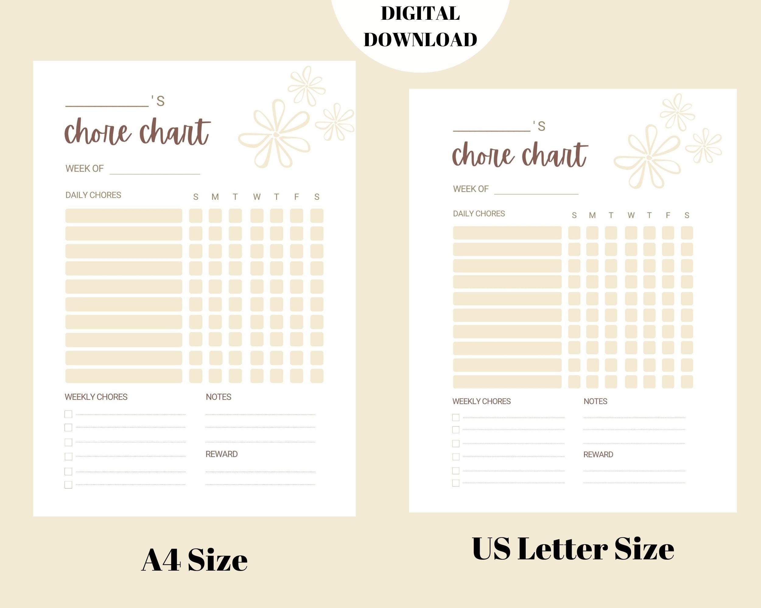Chore Chart for Kids and Adults, Responsibilities Chart, to Do List, A4 ...