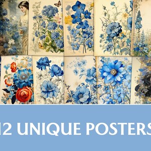 Blue Flower Posters, Vintage Posters With Flowers, Junk Journal Blue ...