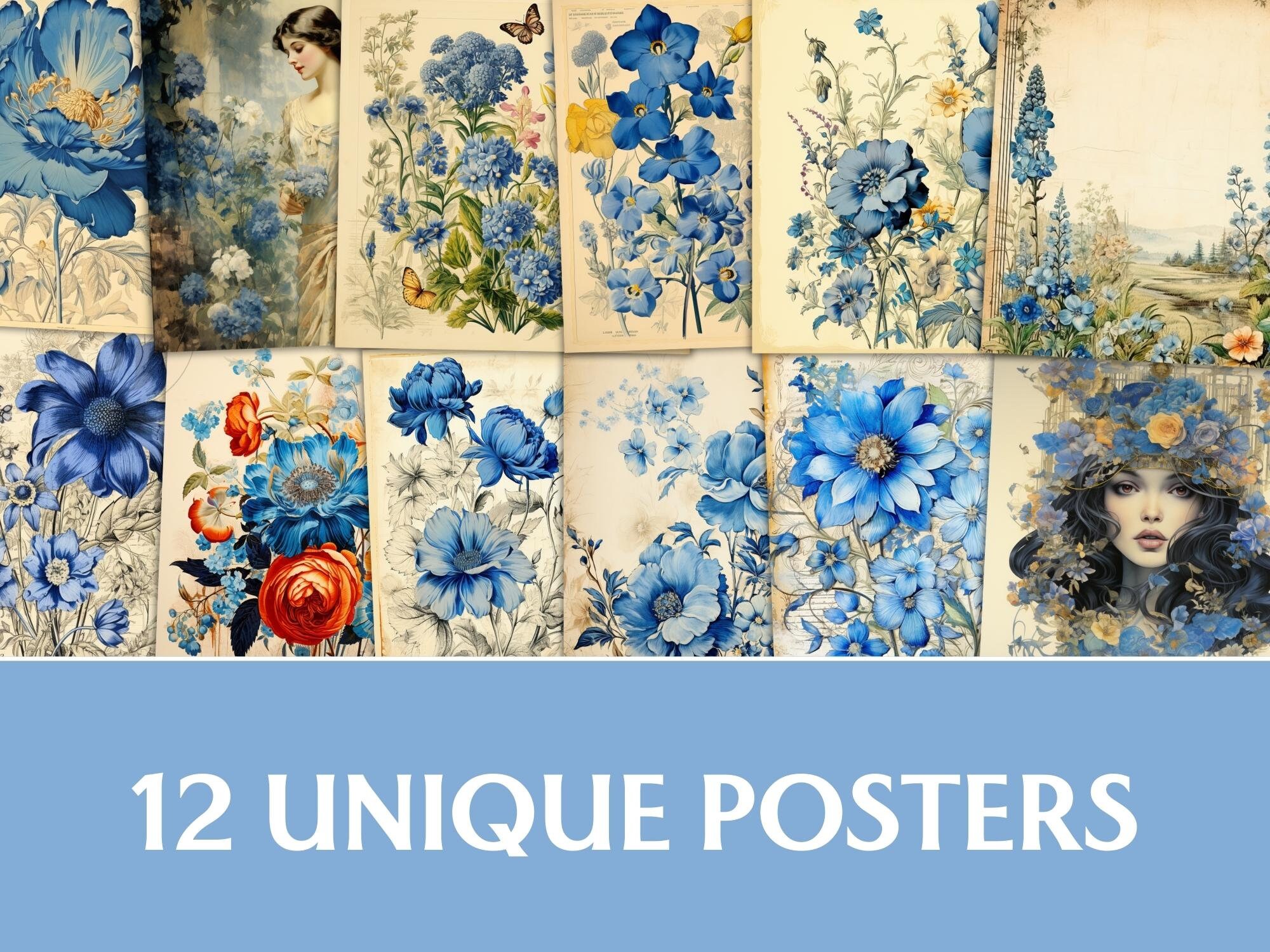 Blue Flower Posters, Vintage Posters With Flowers, Junk Journal Blue ...