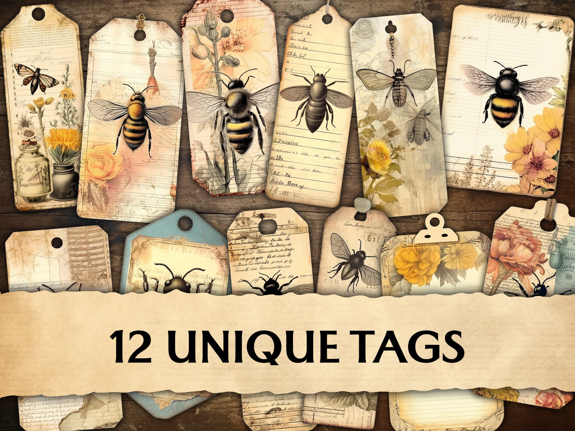 Junk Journal Honey Bees Tags, Antique Tags, Honey Bees Journaling Tags ...