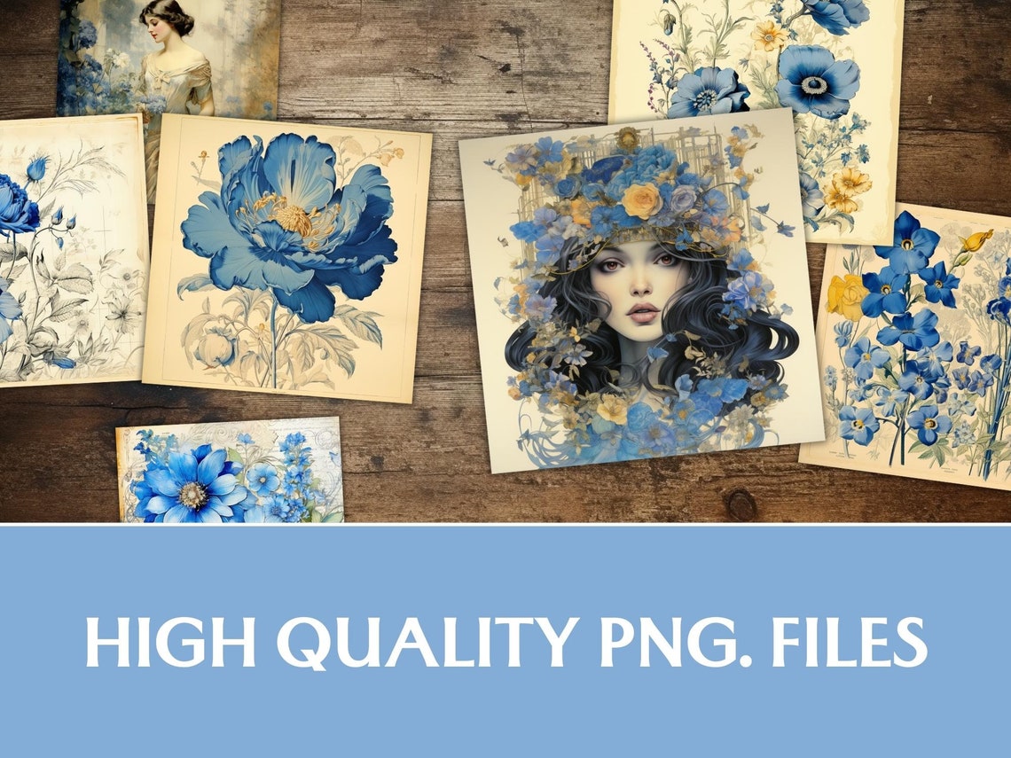 Blue Flower Posters, Vintage Posters With Flowers, Junk Journal Blue ...