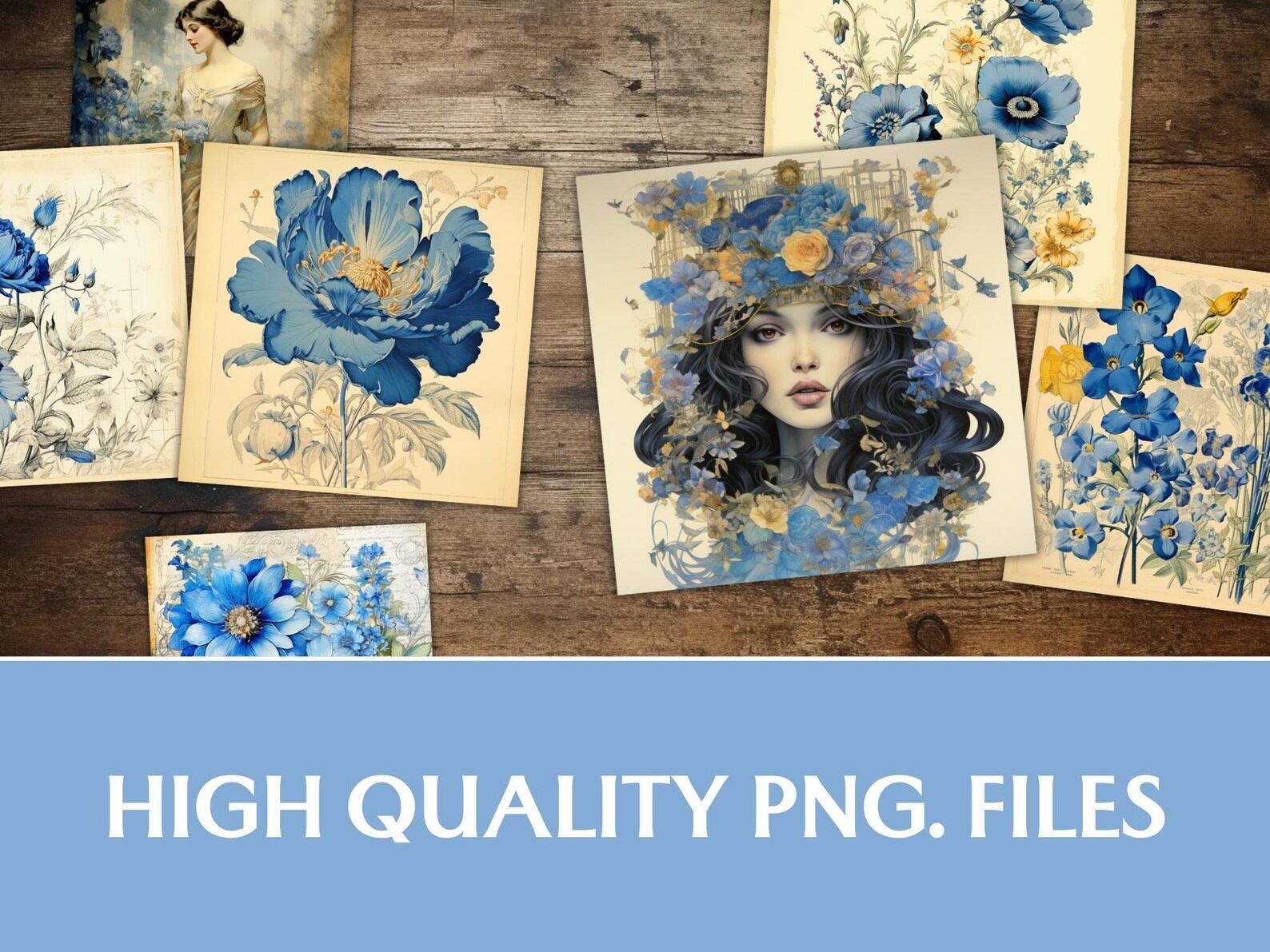 Blue Flower Posters, Vintage Posters With Flowers, Junk Journal Blue ...