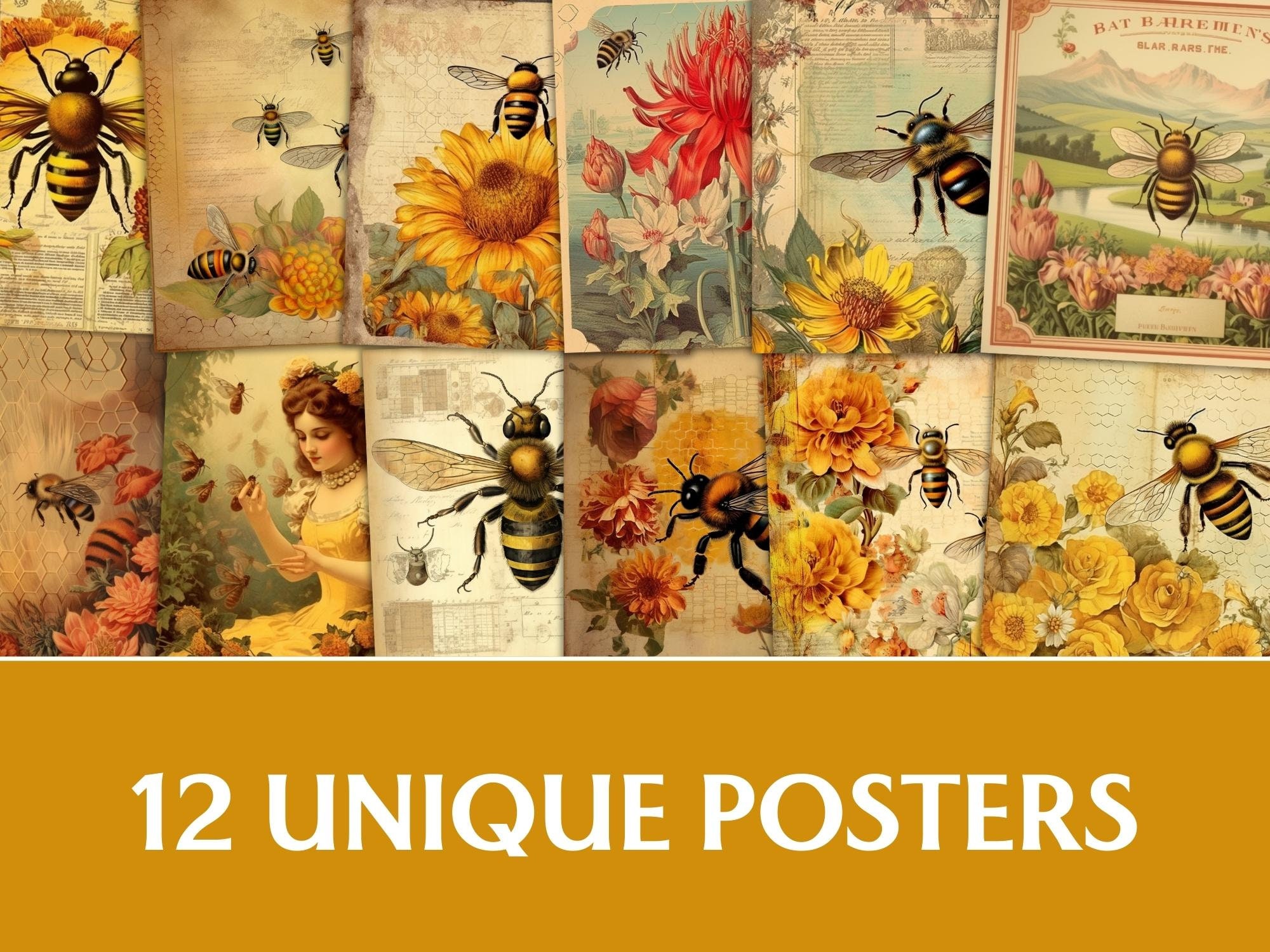 Honey Bees Posters, Junk Journal Honey Bees, Printable, Ephemera ...