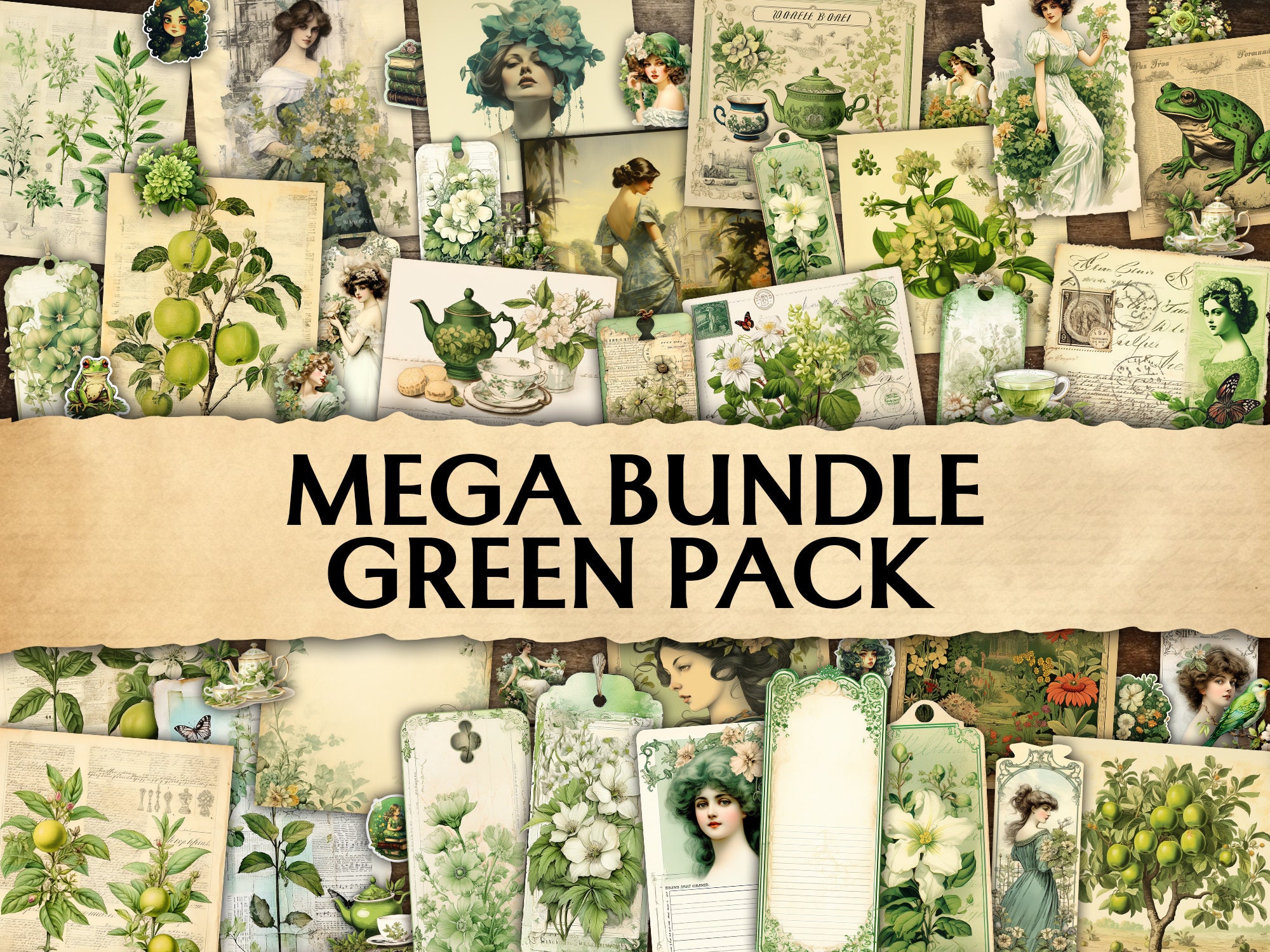 MEGA BUNDLE Junk Journal Green Pack, Printable Scrapbook Supplies ...