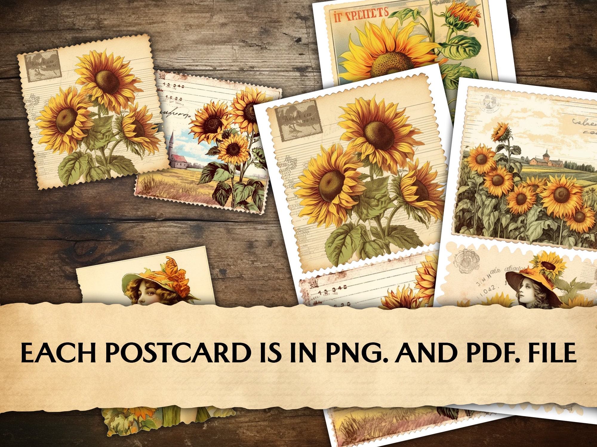 Sunflower Postcards, Junk Journal Postcards, Printable Postcards ...