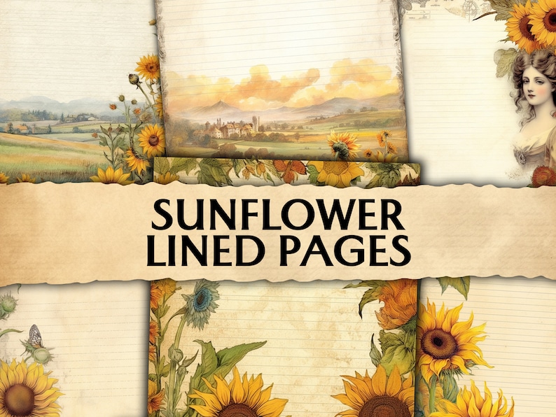 Junk Journal Sunflower Lined Pages, Printable Shabby Pages, Journaling ...