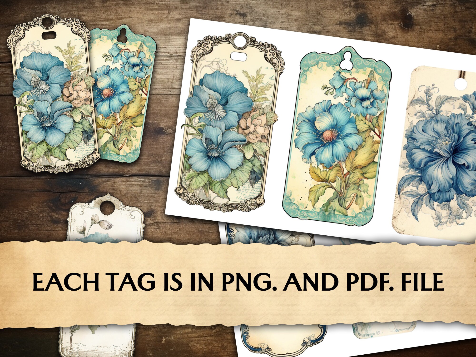 Junk Journal Blue Flower Tags, Antique Tags, Flower Shabby Journaling ...