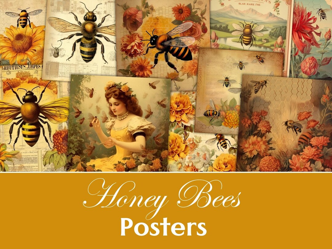Honey Bees Posters, Junk Journal Honey Bees, Printable, Ephemera ...