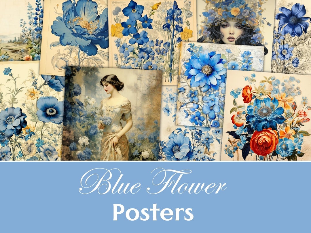 Blue Flower Posters, Vintage Posters With Flowers, Junk Journal Blue ...