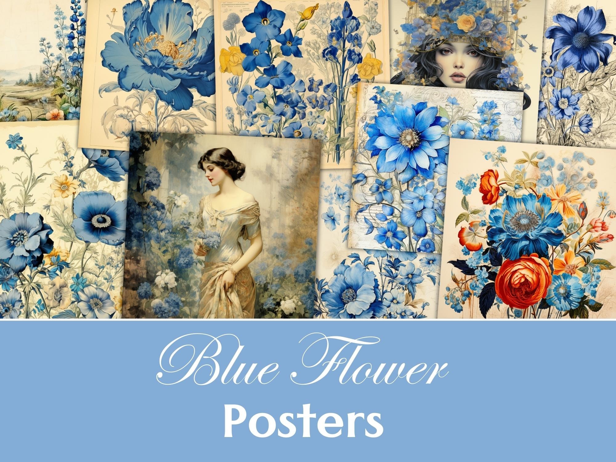 Blue Flower Posters, Vintage Posters With Flowers, Junk Journal Blue ...
