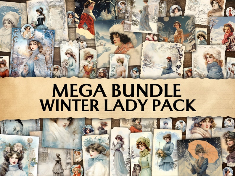 MEGA BUNDLE Junk Journal Winter Lady Vintage Pack, Printable Scrapbook ...