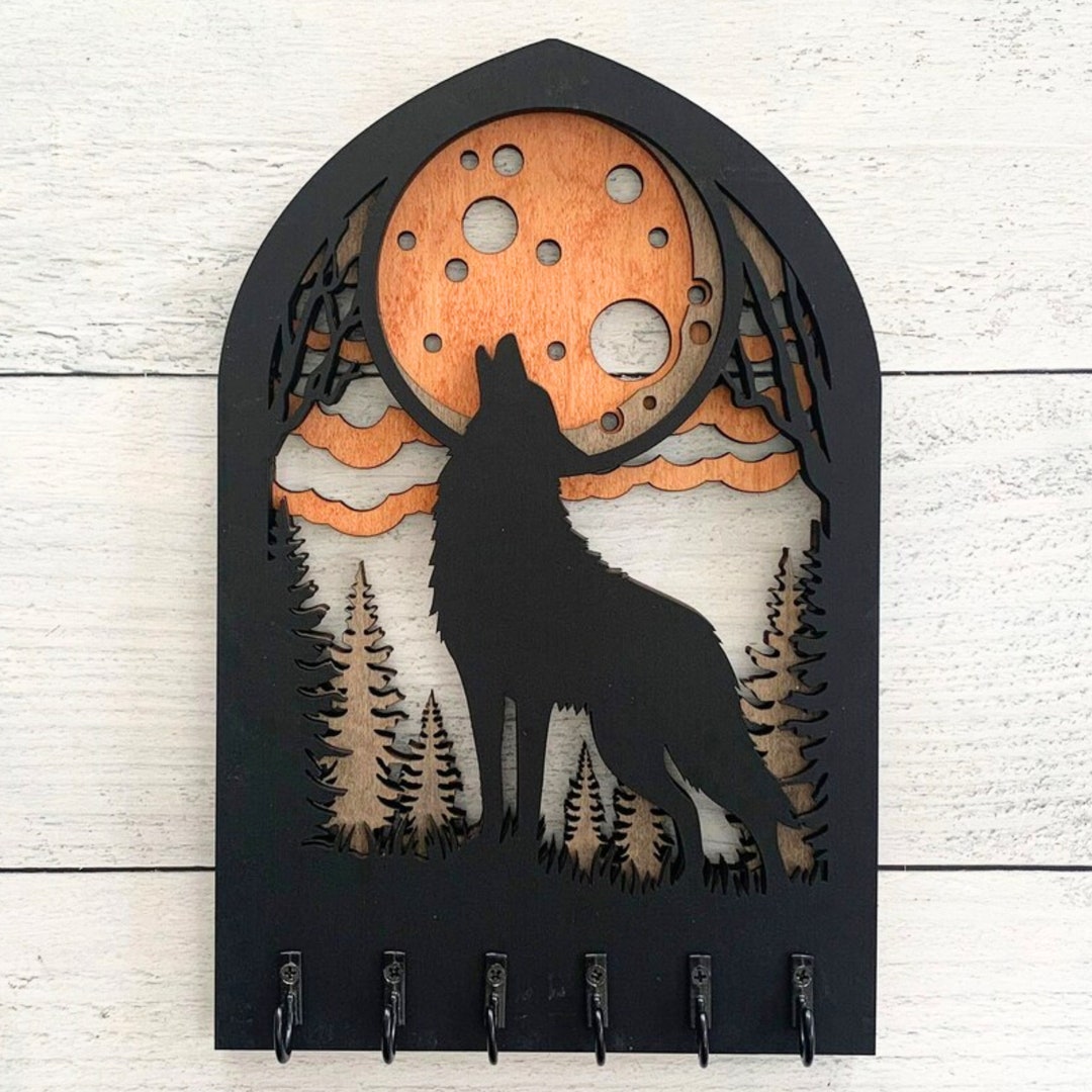 Wolf Laser Cut Key Holder: Handcrafted Wooden Wall Decor - Etsy