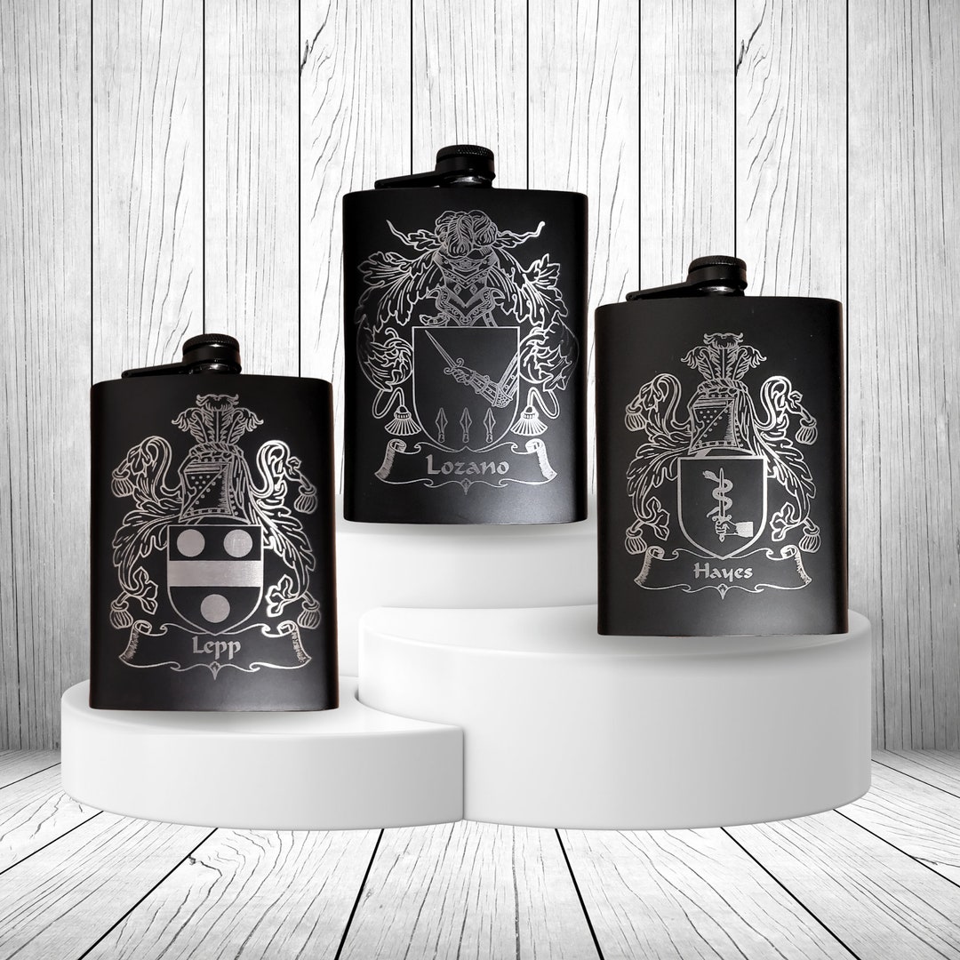 Family Crest Engraved 8oz Flask | Coat of Arms Barware | Wedding ...