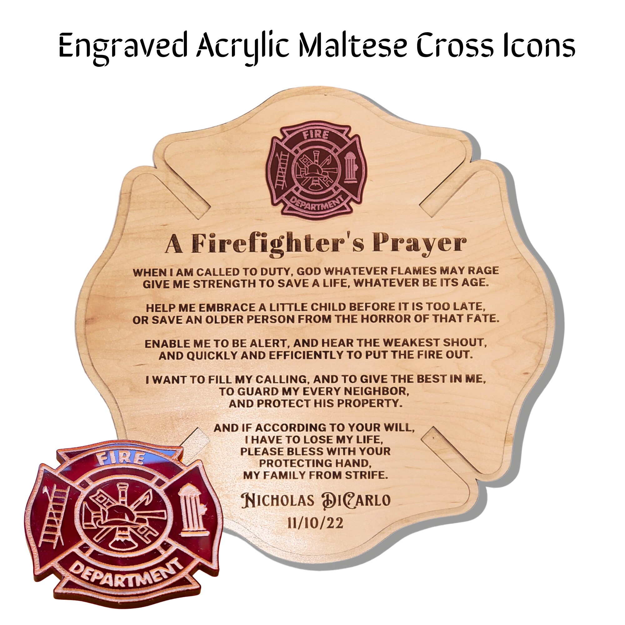 Fireman's Prayer Maltese Cross Wooden Plaque Personalized Firefighter's ...