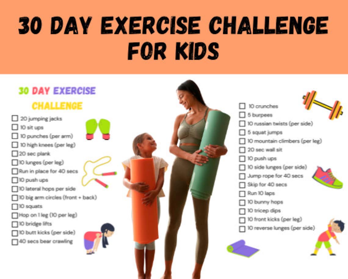 Kids Exercise Challenge 30 Day Fitness Activities Kids Moving Printable ...