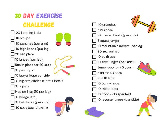 Kids Exercise Challenge 30 Day Fitness Activities Kids Moving Printable ...
