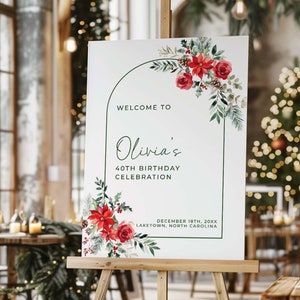 Christmas Birthday Party Welcome Sign Editable Template, Poinsettia ...
