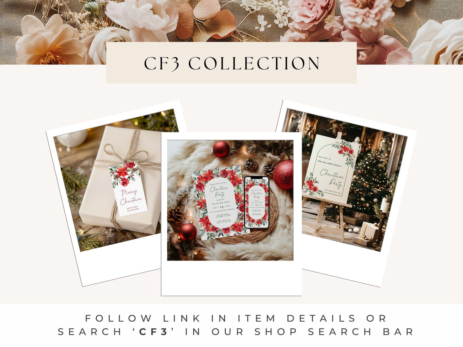 Poinsettia Christmas Banner Printable, Merry Christmas Bunting, Winter ...