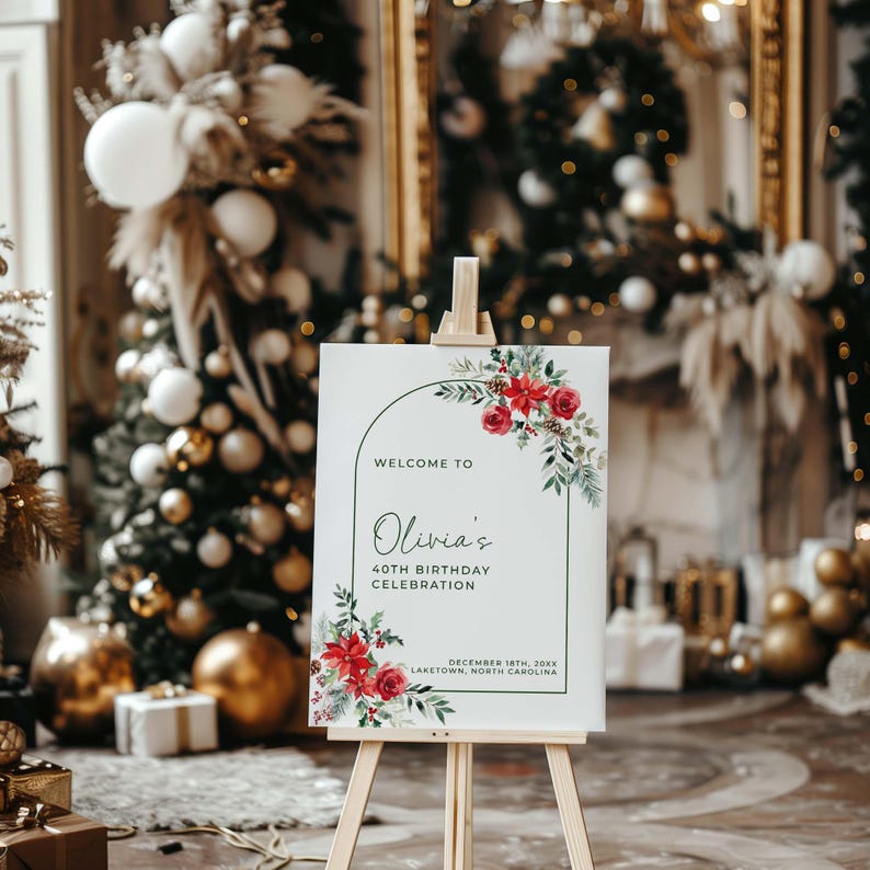 Christmas Birthday Party Welcome Sign Editable Template, Poinsettia ...