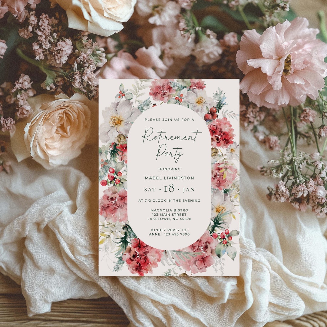Winter Retirement Party Invitation, Holiday Floral Retirement Invite ...